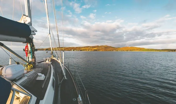 White Sloop Rigged Yacht Anchored Mooring Shore Craighouse Sunset ...