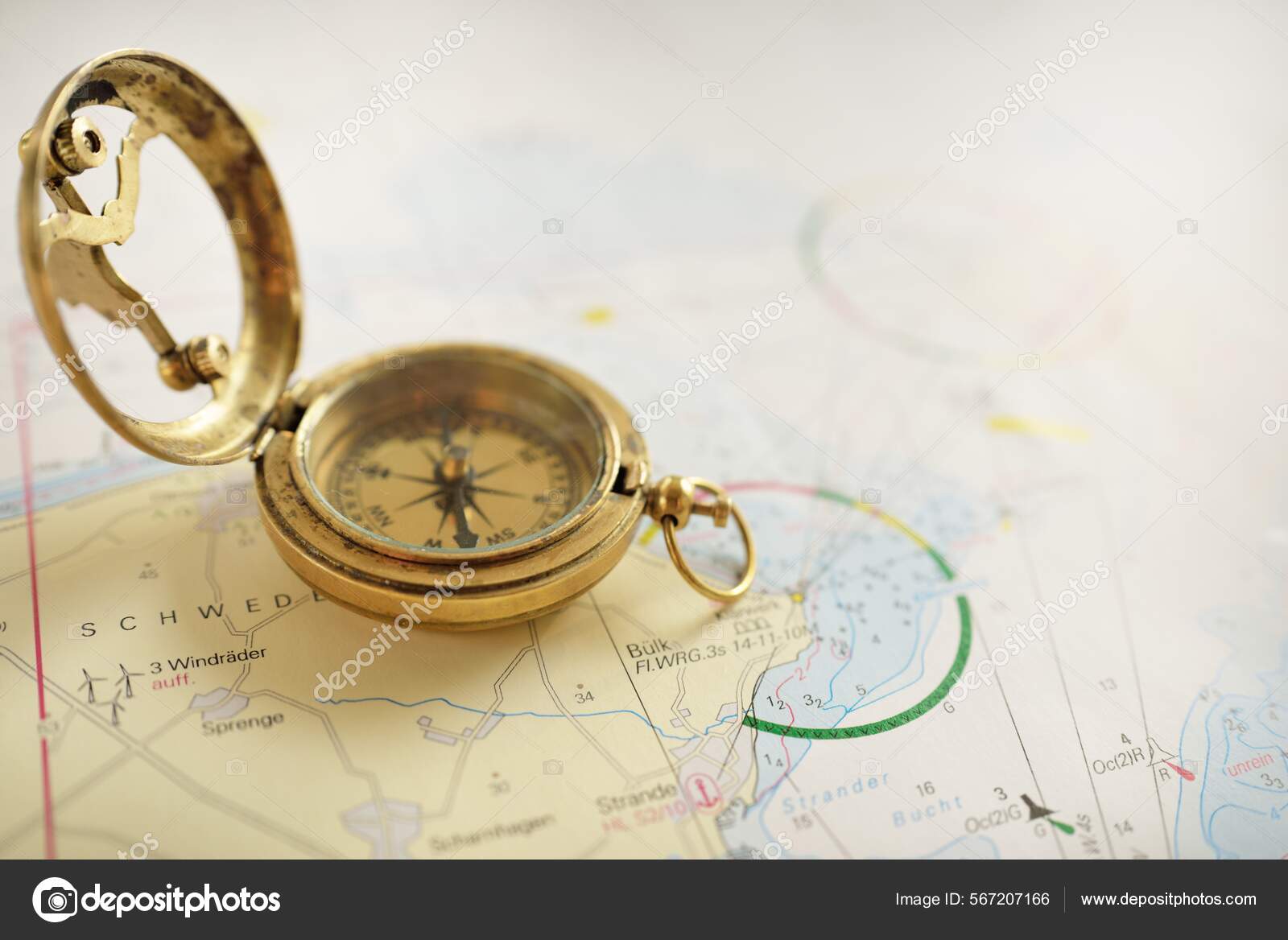 Retro Style Antique Golden Compass Sundial Old Nautical Chart Close ...