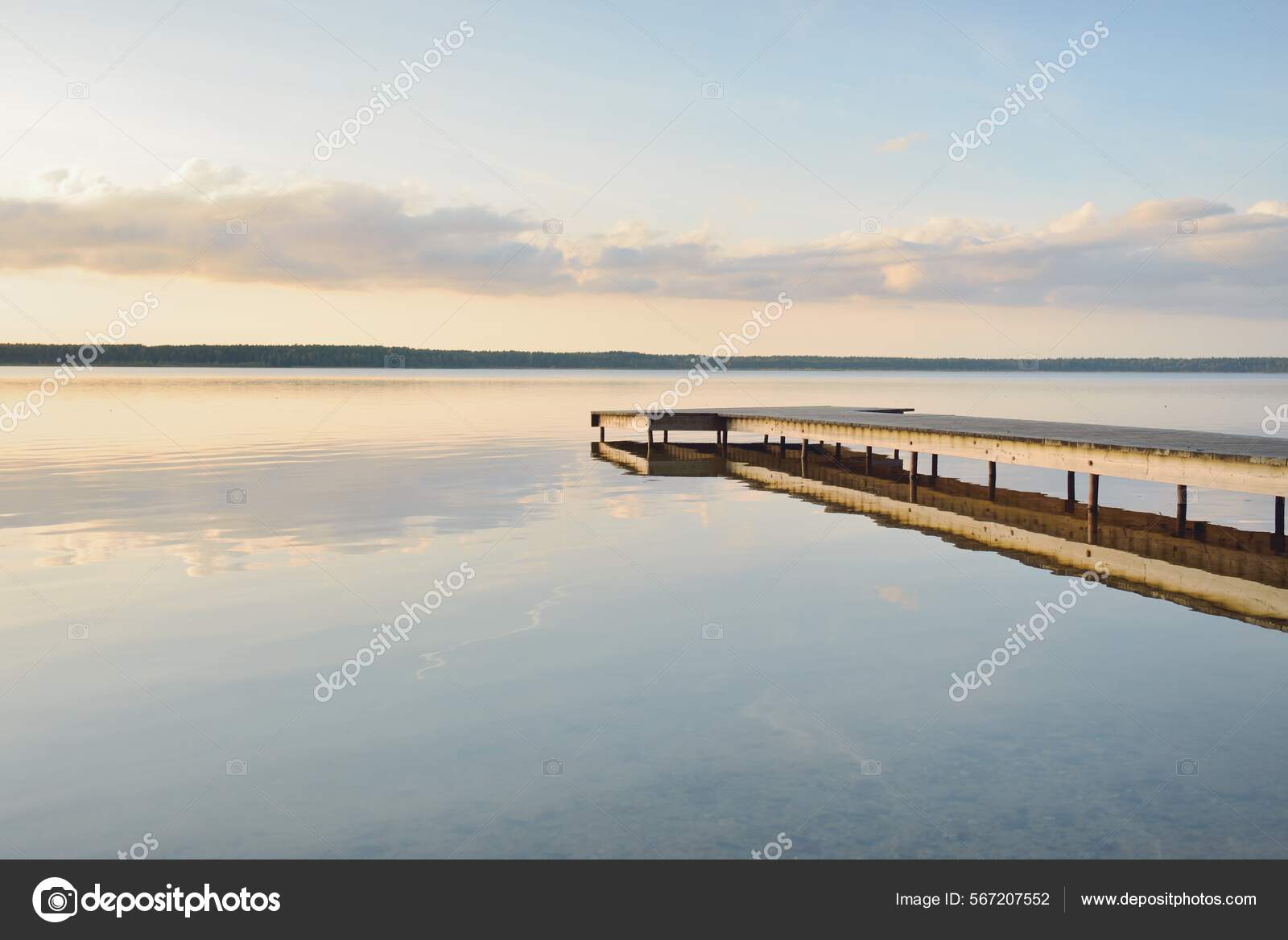 Forest Lake River Sunset Wooden Pier Glowing Clouds Symmetry ...