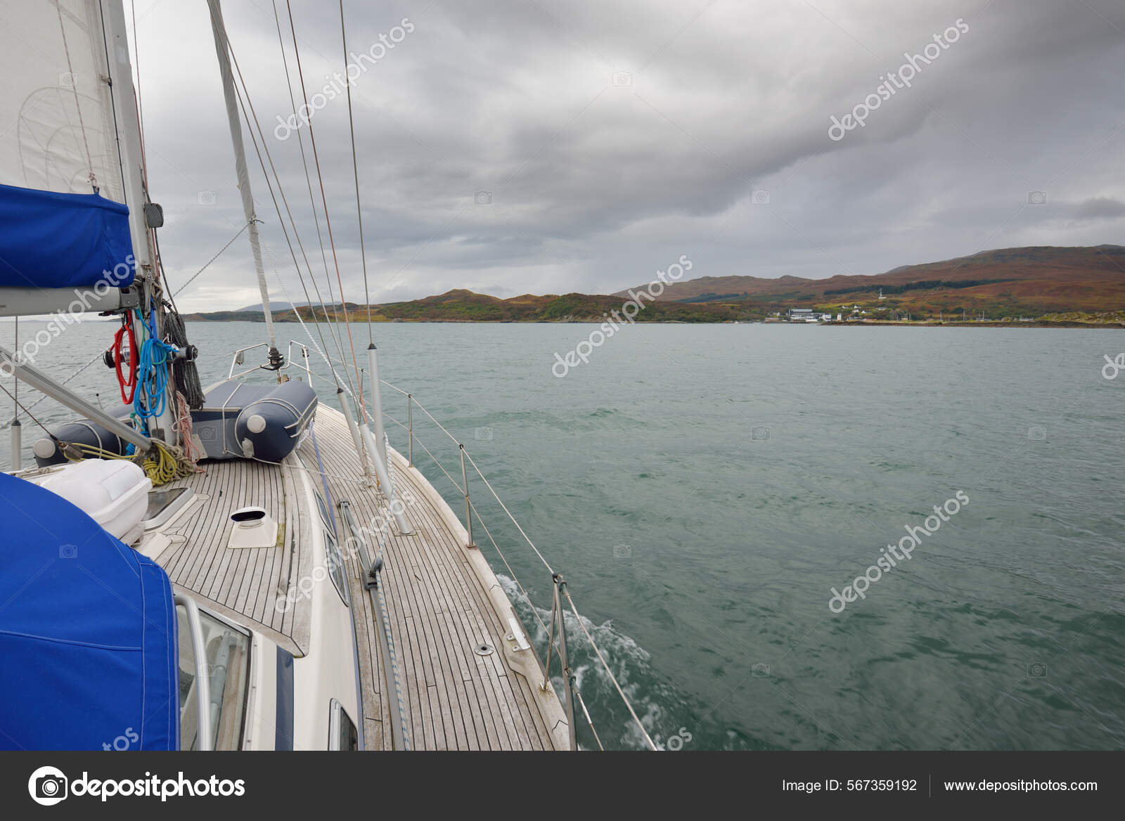 Sloop Rigged Yacht Wooden Teak Deck Sailing Rocky Lake Shore Stock ...