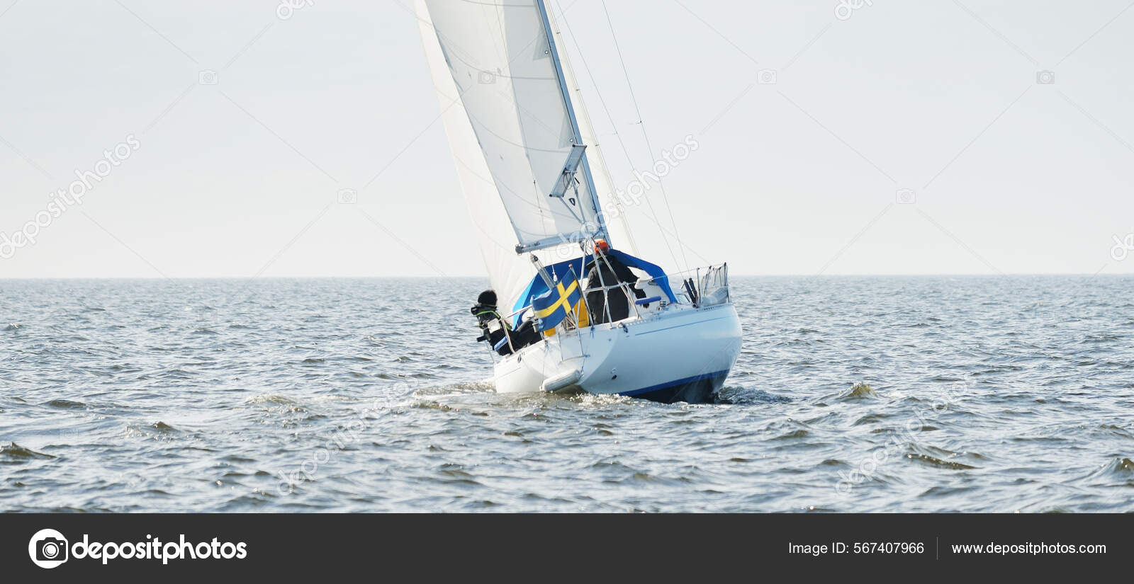 White Sloop Rigged Yacht Sailing Open Sea Clear Sky Cloudscape — Stock ...