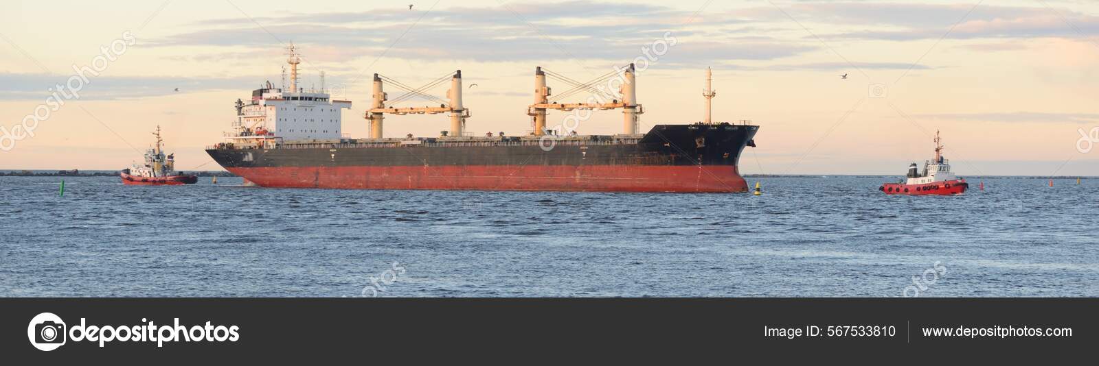 Large Cargo Ship Arriving Port Sunset Baltic Sea Freight Transportation ...