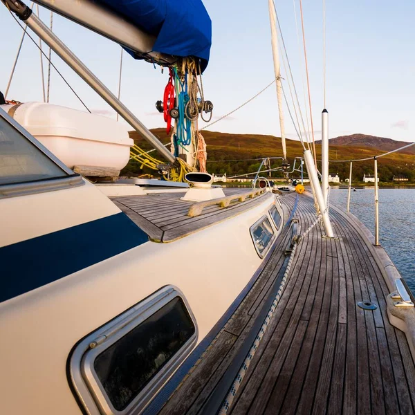 White Sloop Rigged Yacht Anchored Mooring Shore Craighouse Sunset ...