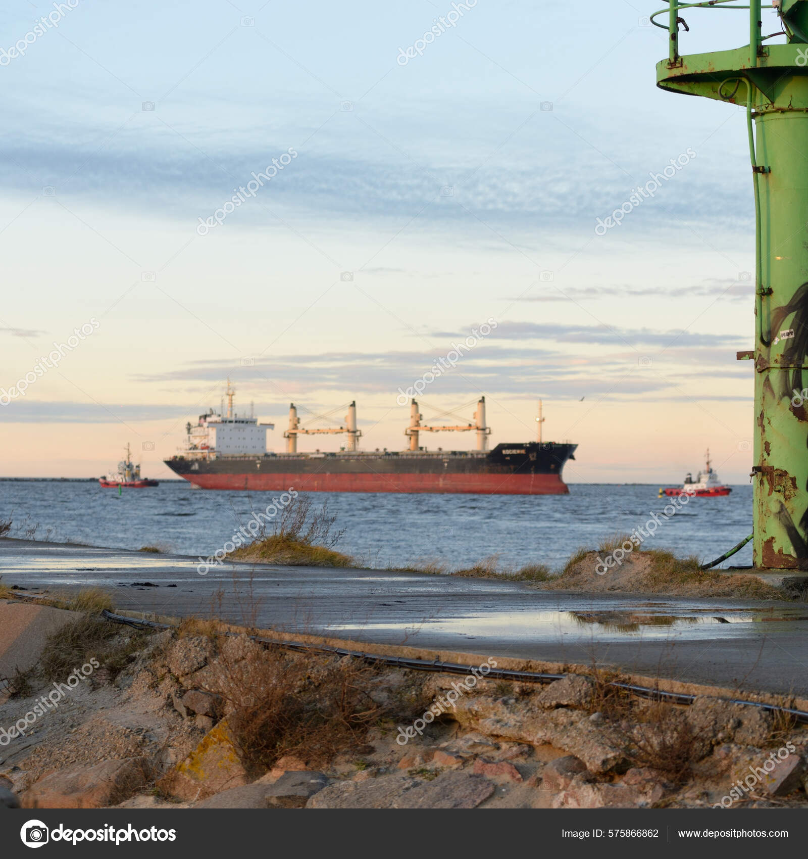 Large Cargo Ship Arriving Port Sunset Baltic Sea Freight Transportation ...