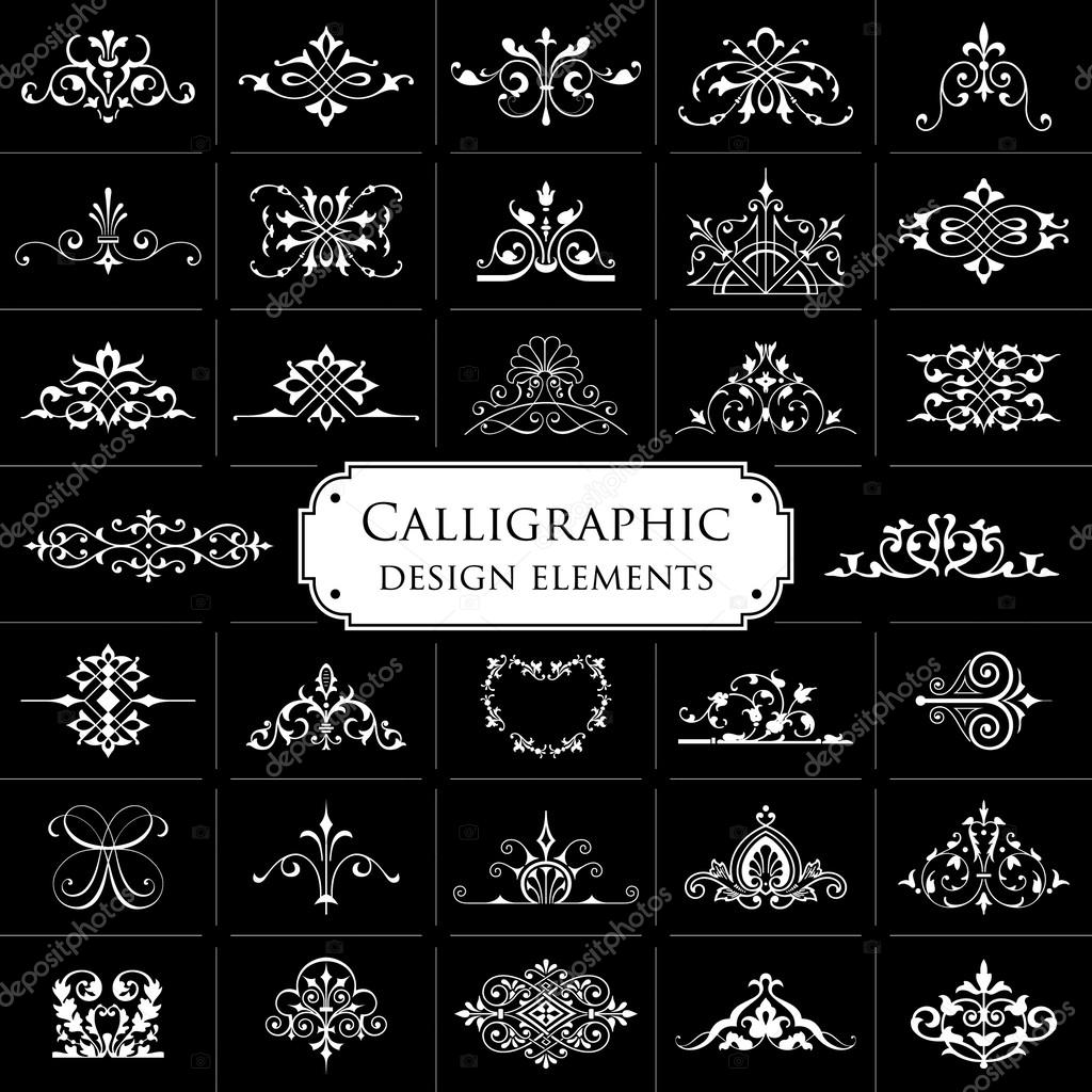Calligraphic design elements isolated on black background - set 1 ⬇ ...