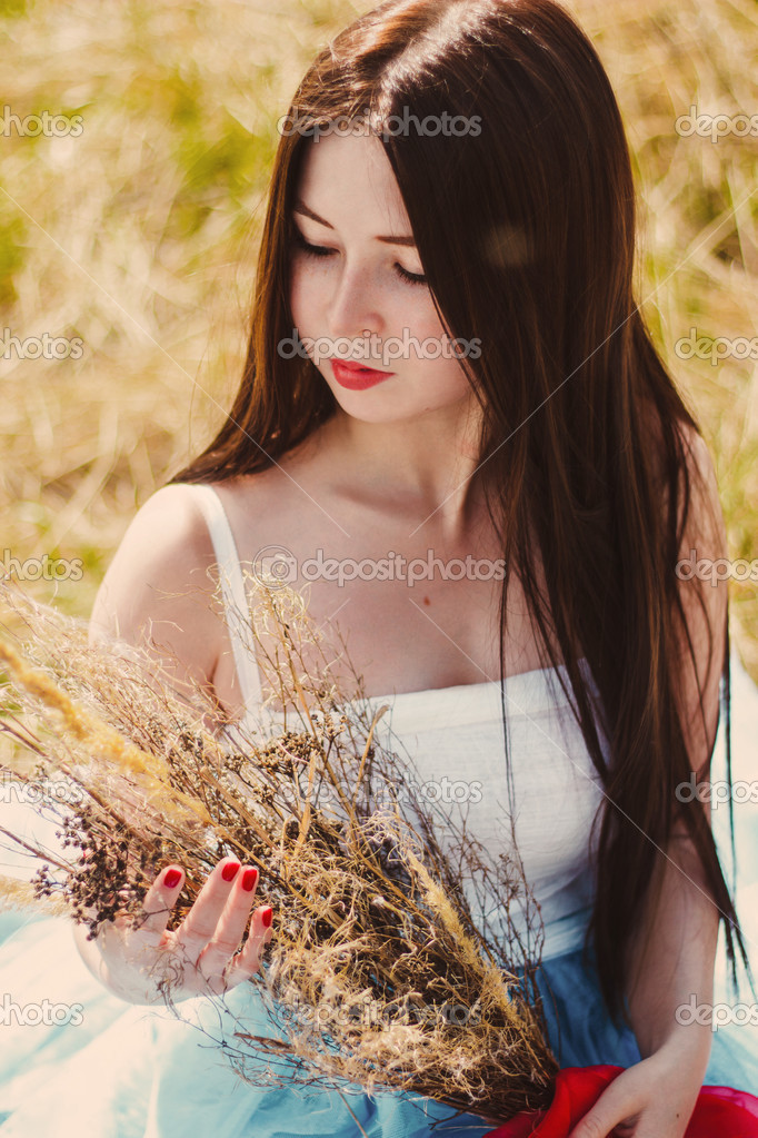 Beautiful brunette girl sitting in a cornfield — Stock Photo © kasanka ... Beautiful brunette girl sitting in a cornfield — Stock Photo © kasanka ...