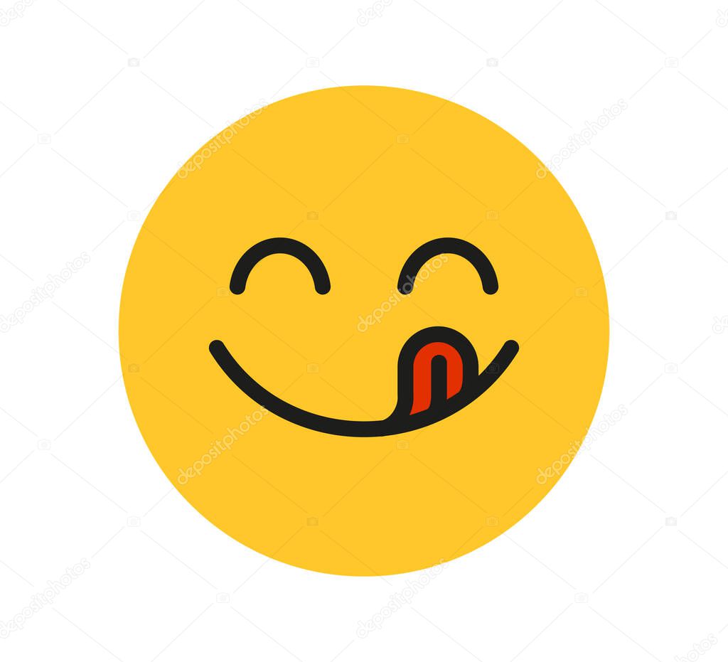 Delicioso emoji sonrisa con lengua lamer boca. Delicioso símbolo de ...