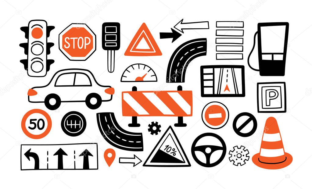Hand drawn drive symbols set. Cars, road objects, traffic sign and ...