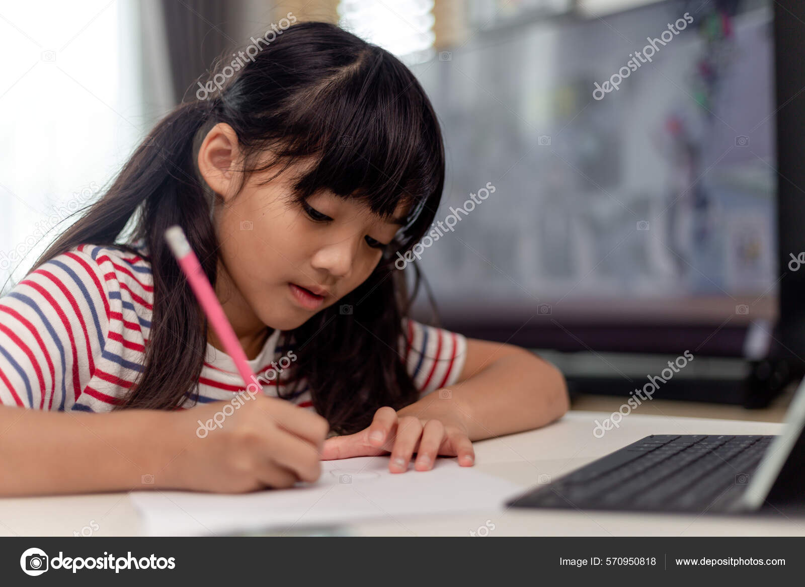 Cute Asian Child Learning Class Study Online Video Call Tablet Stock ...