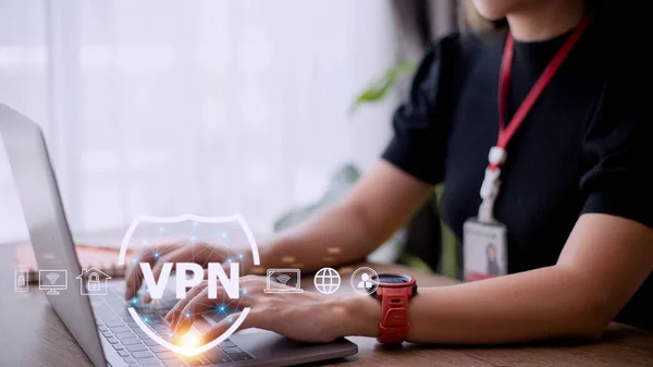 VPN secure connection concept. Person using Virtual Private Network ...