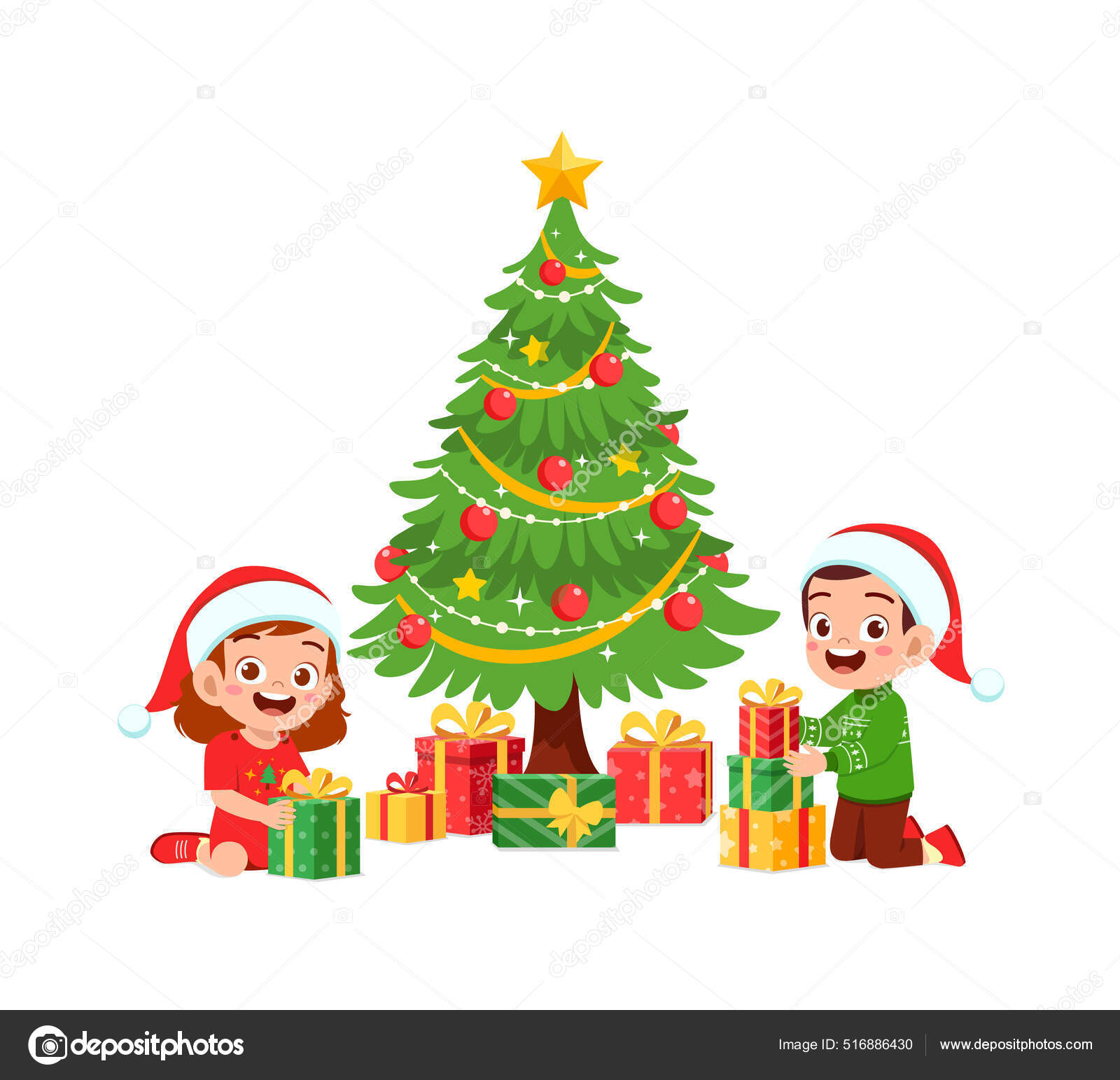 Happy Little Boy Girl Holding Present Christmas Stock Illustration by ...