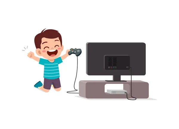 Cute Little Boy Play Video Game Big Screen Stock Vector Image by ...