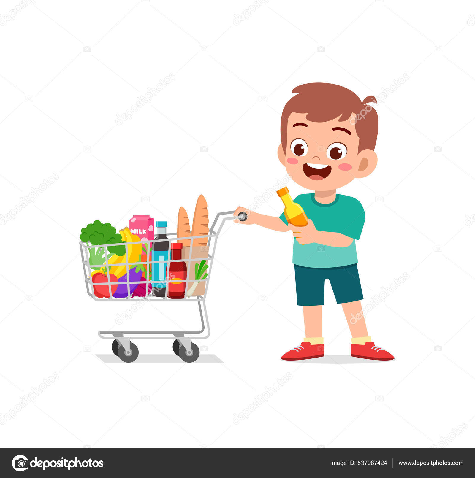 Lindo Niño Empujar Carrito Compras Lleno Comestibles Vector de stock ...