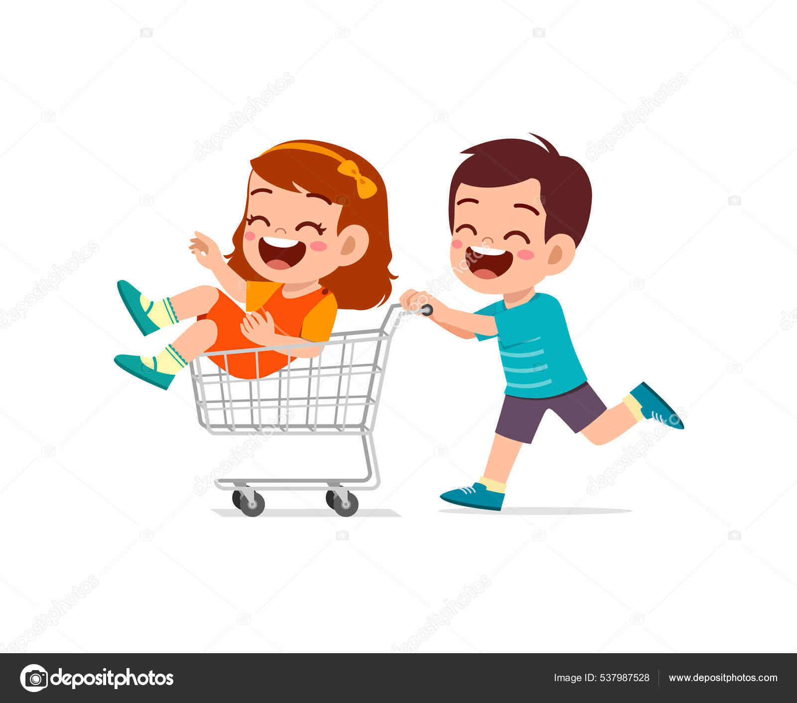 Little Kid Ride Trolley Friend Push While Run Stock Vector Image by ...