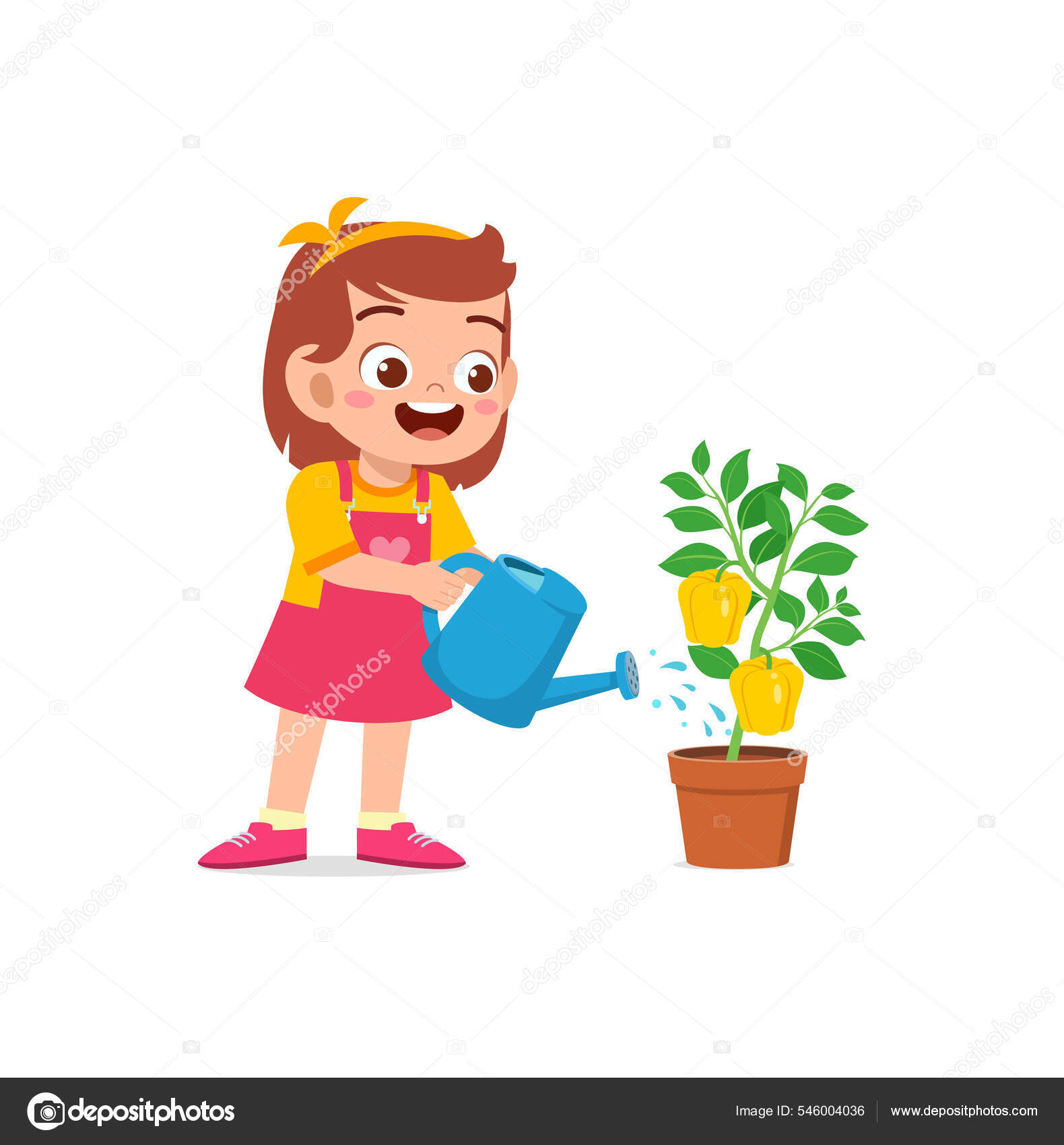 Cute Little Girl Stand Watering Paprika Tree Stock Vector by ...