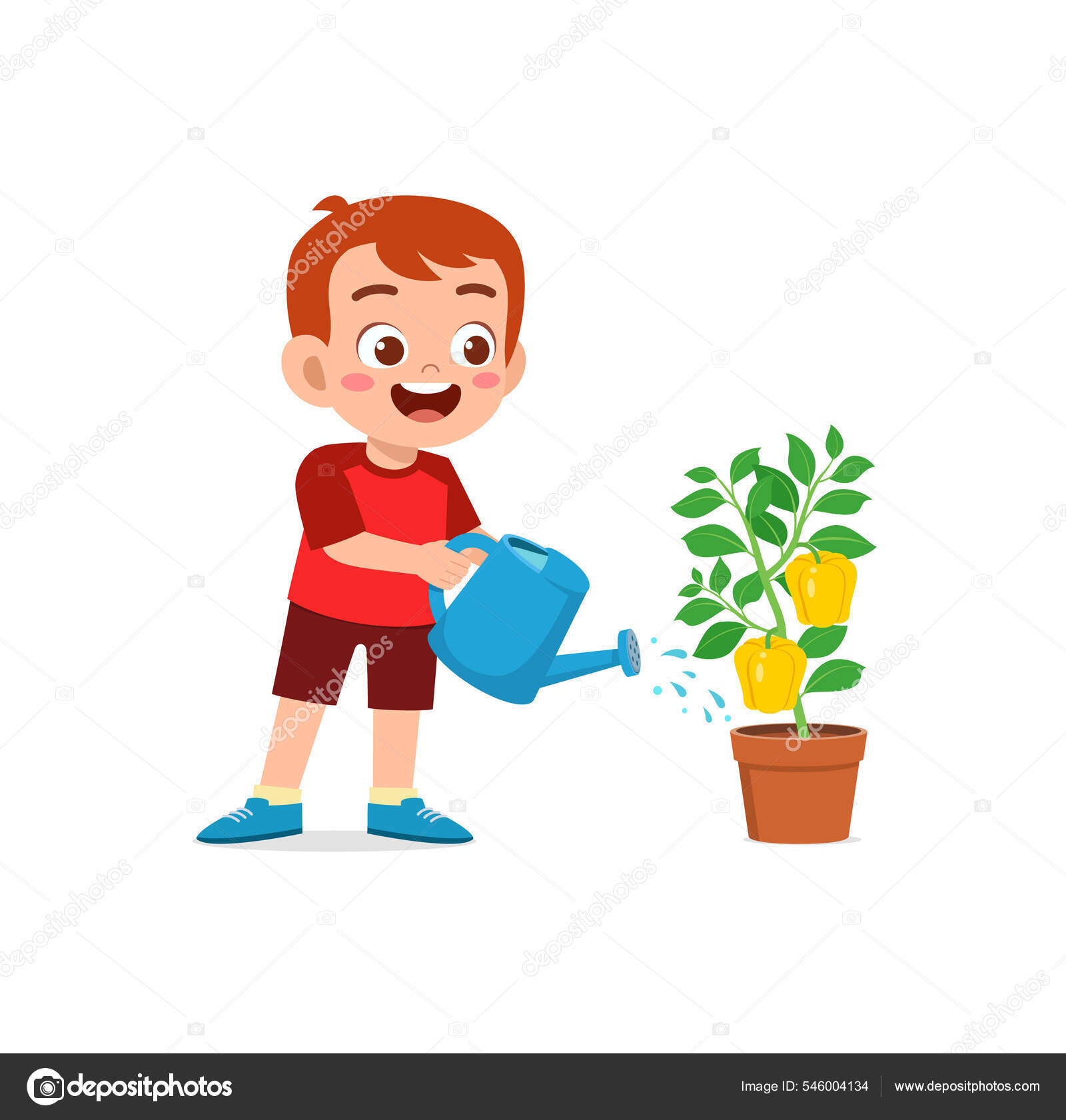 Cute Little Boy Stand Watering Paprika Tree Stock Vector by ...