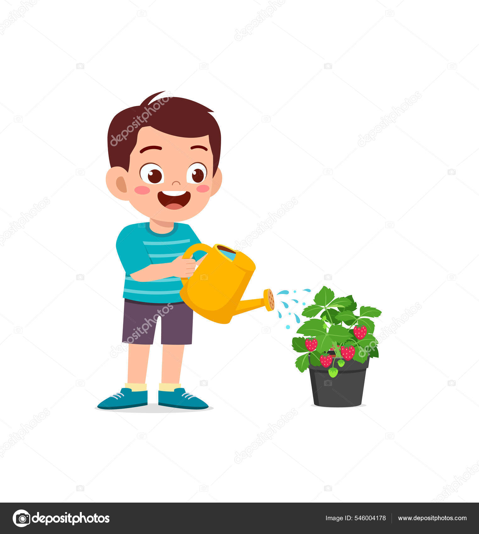 Cute Little Boy Stand Watering Strawberry Tree Stock Illustration by ...