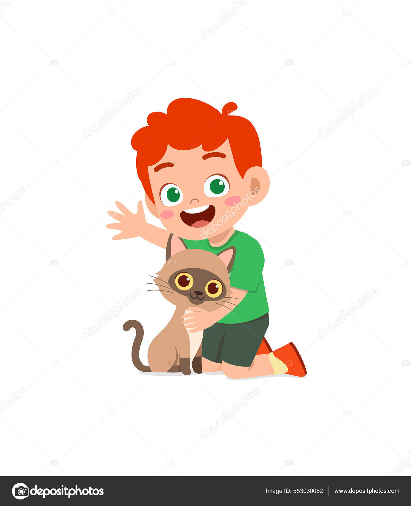 Pequeño Niño Jugando Juntos Con Lindo Gato Vector de stock #553030052 ...