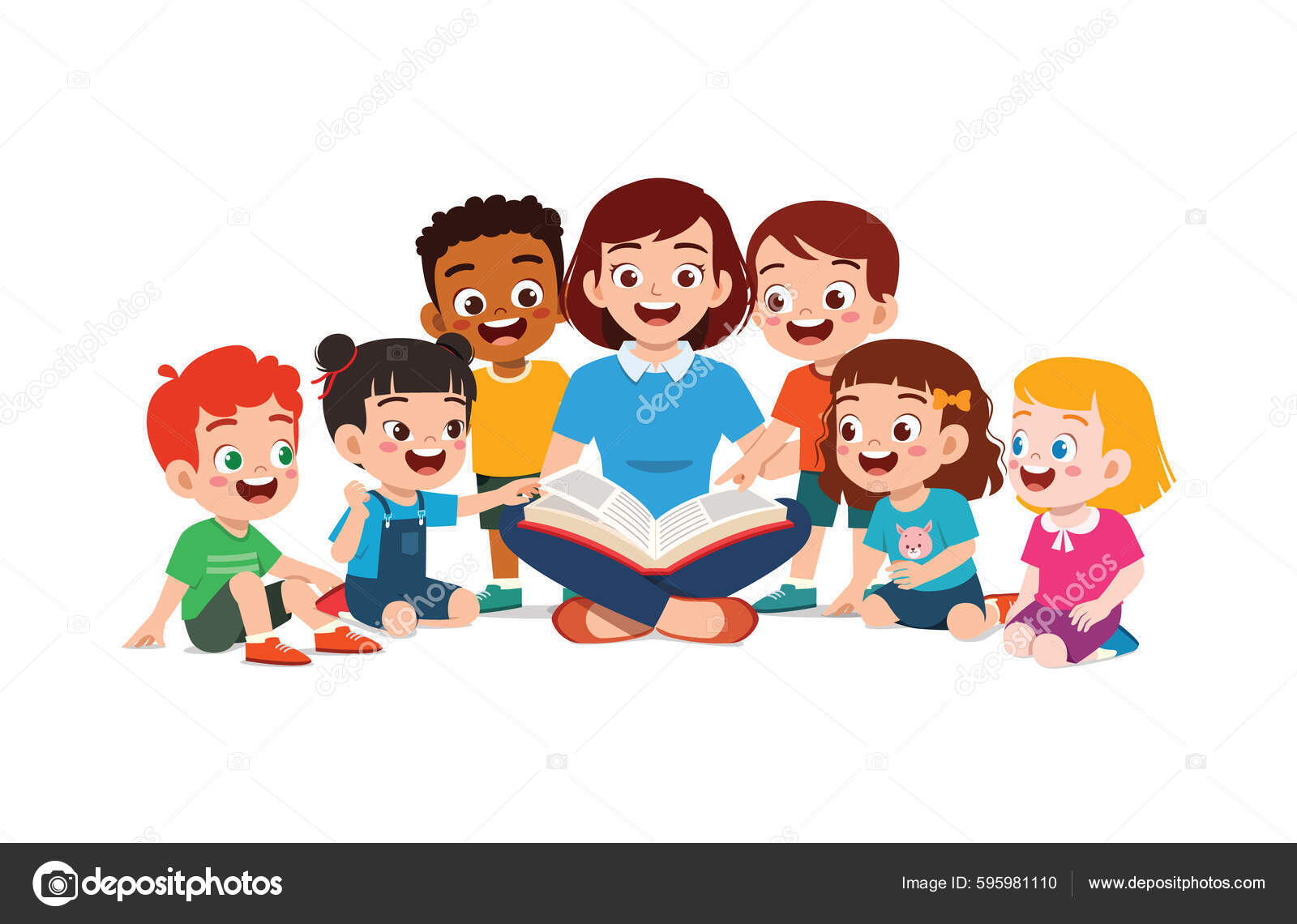 Teacher Read Story Book While Student Sit Listening Stock Vector by ...