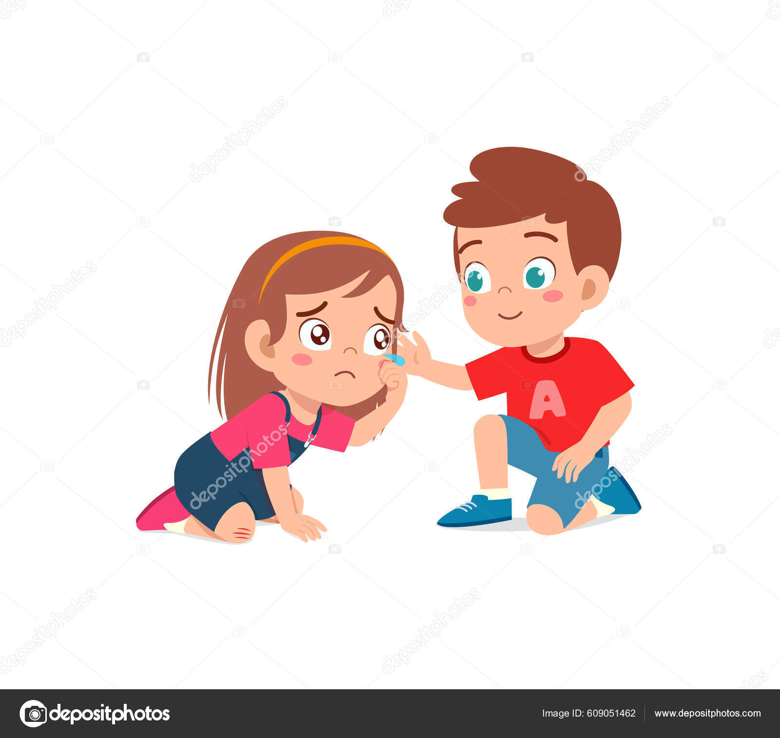 Anak Kecil Yang Baik Membantu Teman Yang Jatuh Lantai Vektor Stok oleh ...