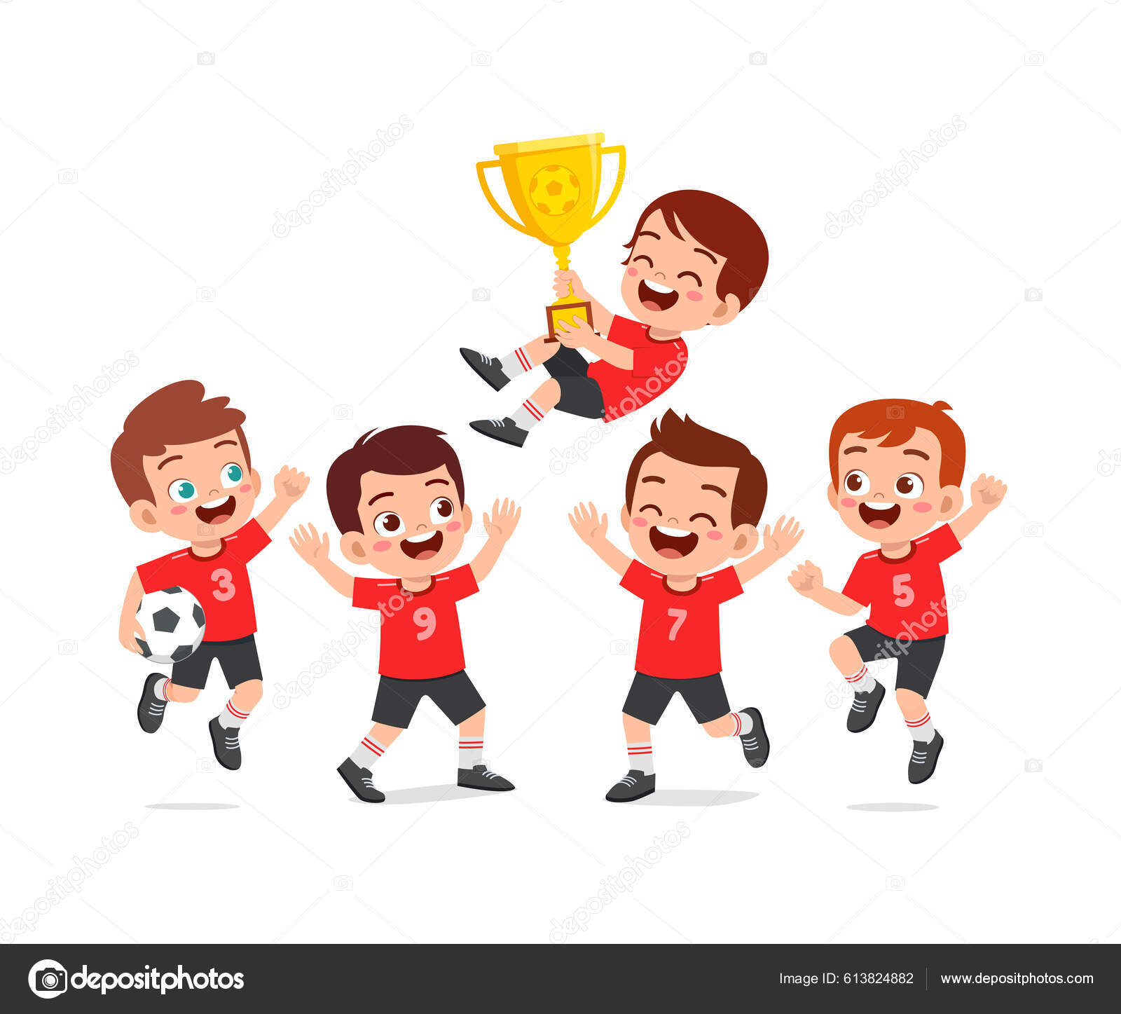 Niño Pequeño Sus Amigos Ganar Fútbol Celebración Trofeo Vector de stock ...