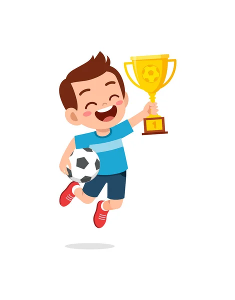 Happy cute kid boy win game gold trophy Stock Vector by ...