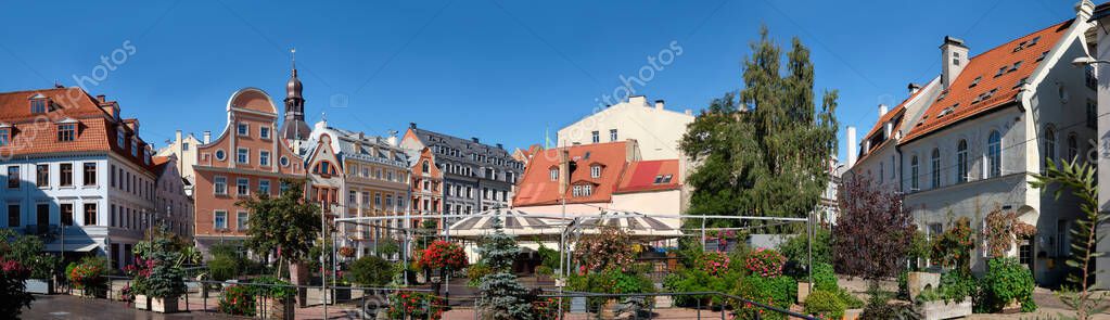Livu square in Riga, Latvia in Summer. Panoramic banner image with ...