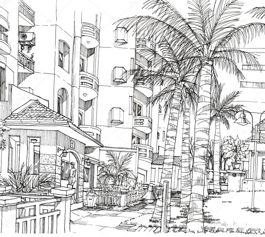 Pluma línea de dibujo de condominio de arquitectura 2022