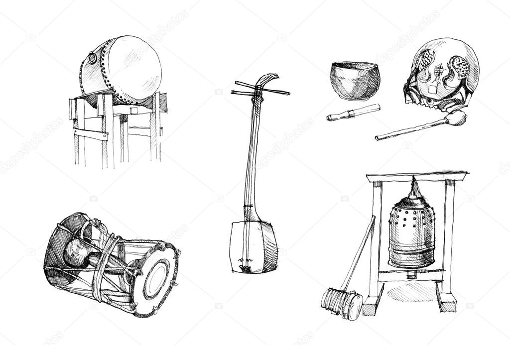 Japanese traditional instruments drawing, drums, guitars Stock ...