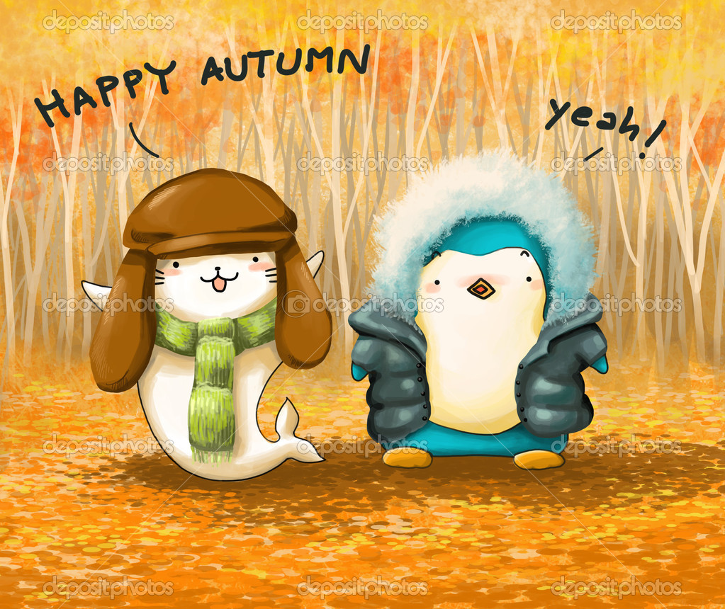 Penguin and seal in autumn leaves cartoon illustration — Stock Photo ...