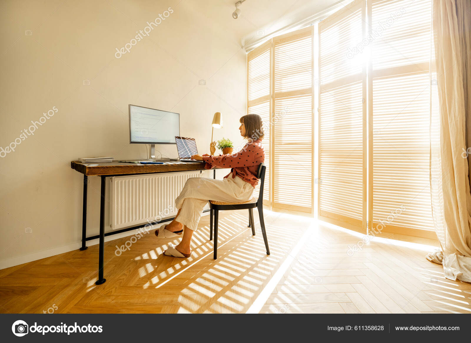Woman Works Computers While Sitting Cozy Workplace Sunny Living Room ...