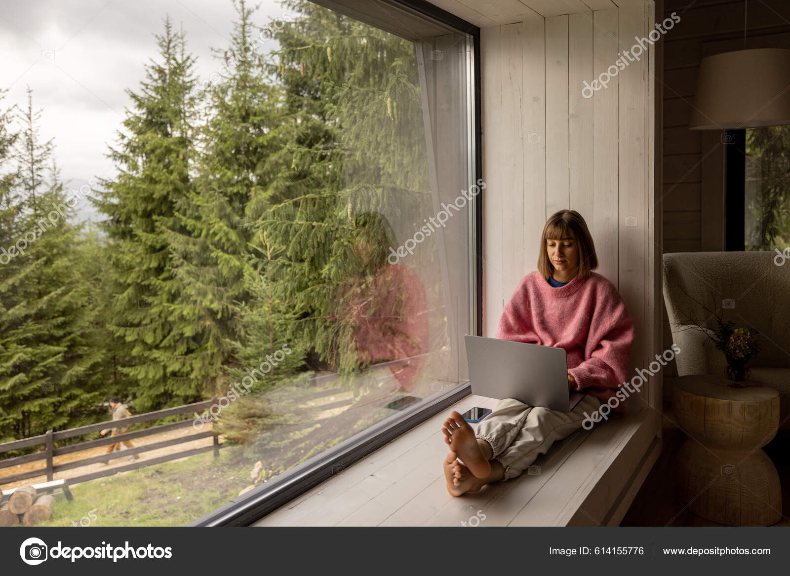 Woman Works Laptop While Sitting Window Great View Mountains Remote ...