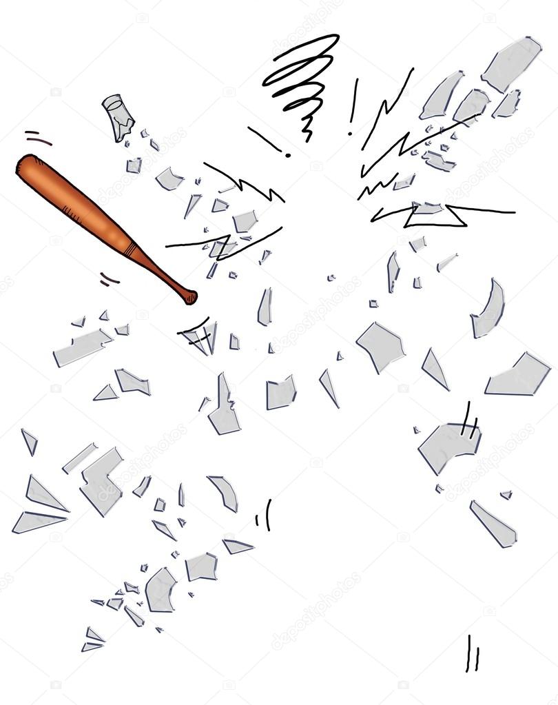 Cartoon illustration of broken glass pieces and baseball bat. Chaos ...