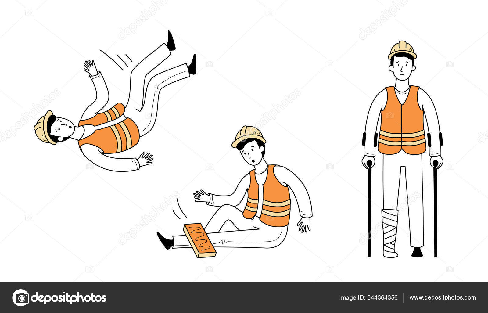 Injured worker fall accident set. Line doodle Stock Illustration by ...