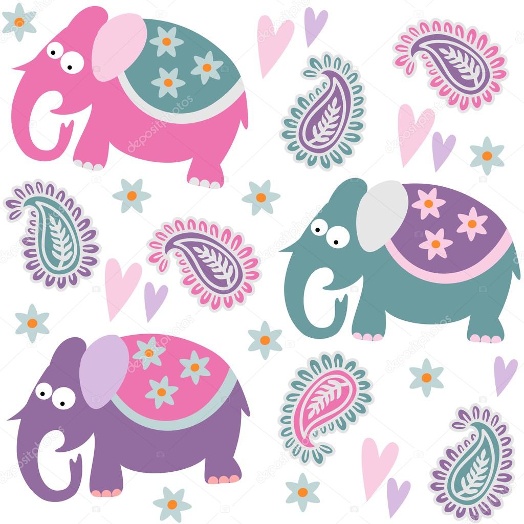 Seamless elephant kids pattern wallpaper background with flowers and ...