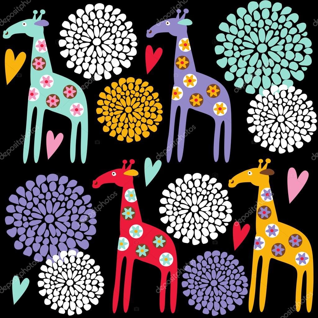 Cute colorful giraffe seamless pattern with flowers, vector ...
