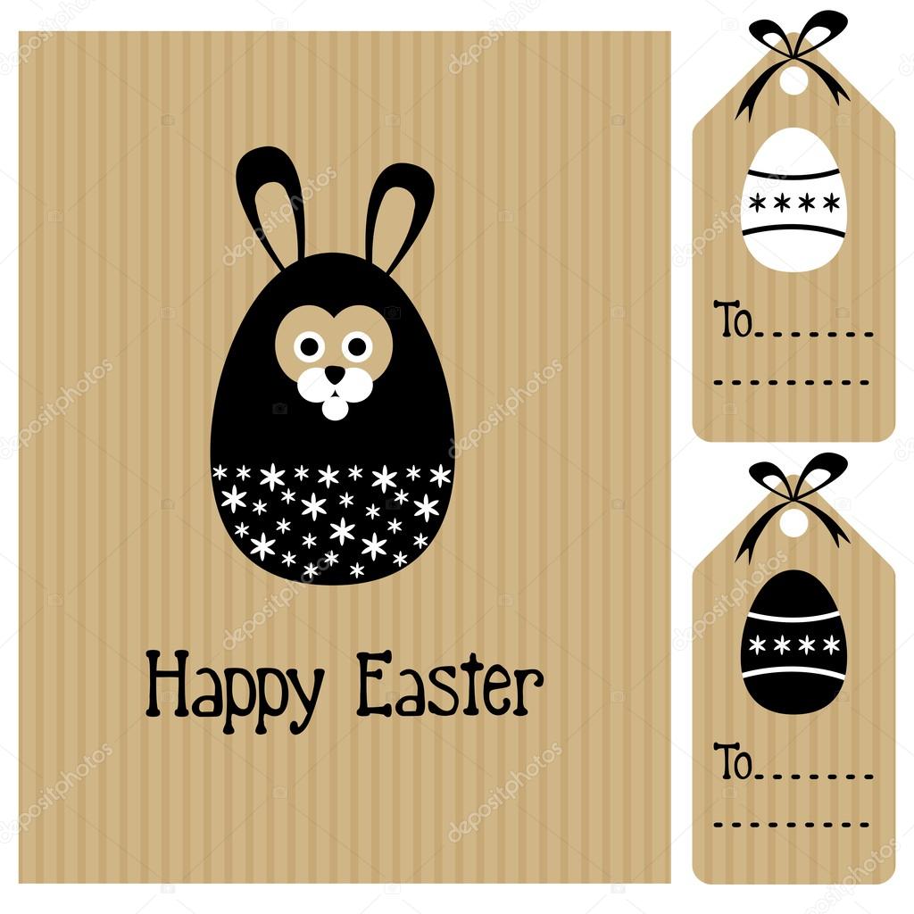 Tarjeta de Pascua feliz con liebre de conejo y huevo, invitaci n, dise o blanco negro, ilustraci ...