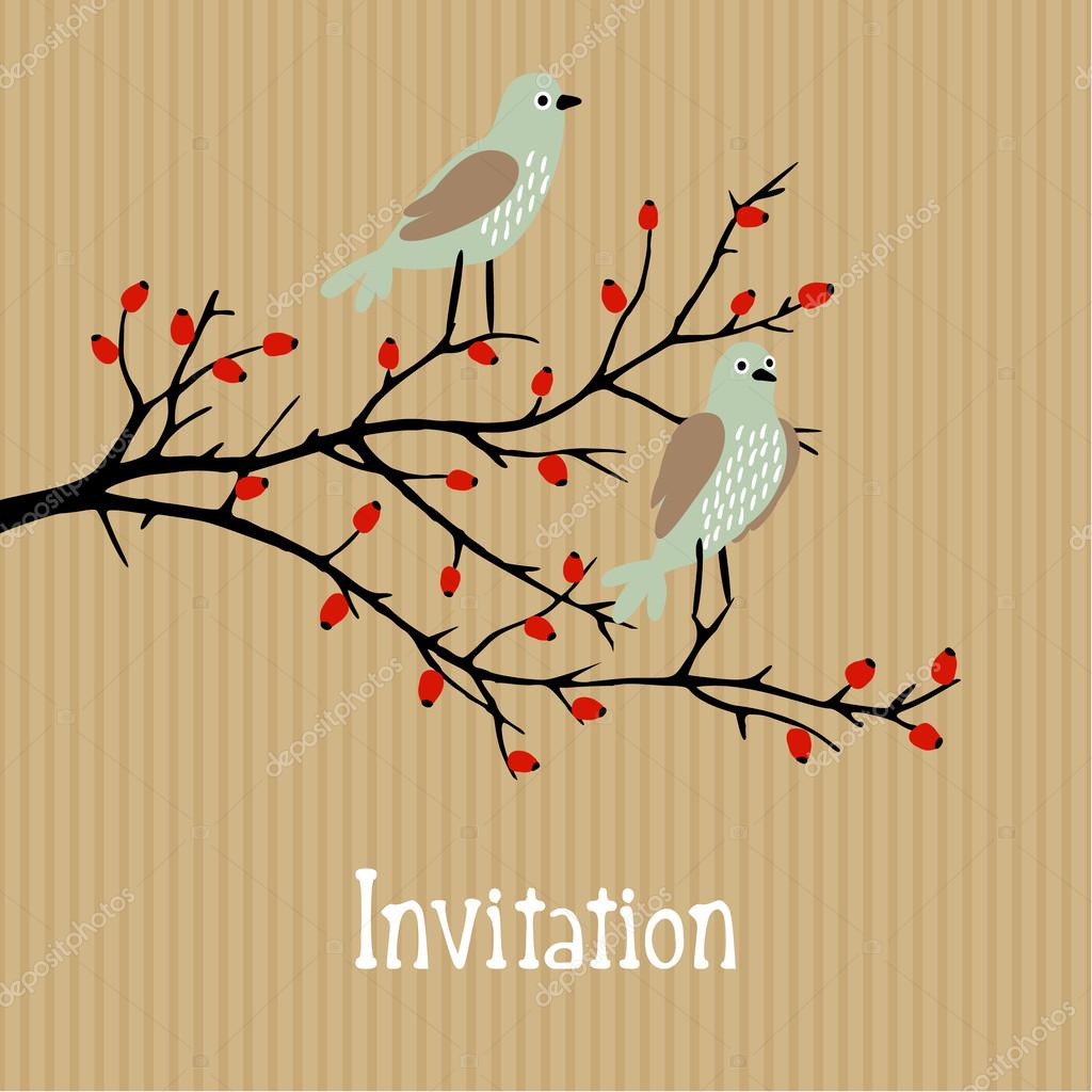 Cute vector background with birds on wild rose bush, birthday, wedding ...