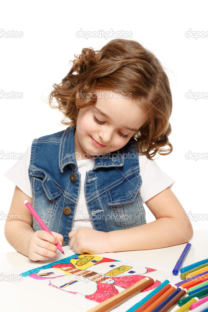 Cheerful little girl with sketch pen drawing in kindergarten Stock ...