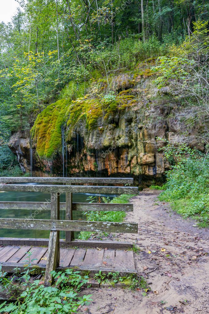 Mullerthal Trail, puente de madera sobre un manantial, cascada ...