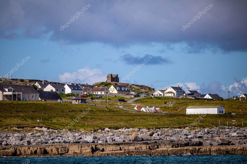 Beautiful view of the Inis Oirr island with its houses and the ruined ...