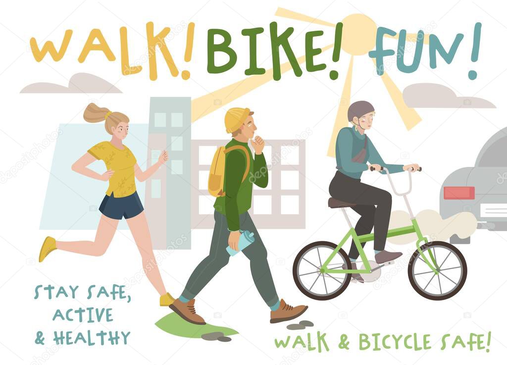 Camina. En bicicleta. Divertido. Cartel de paisaje, anuncio, folleto promocional fondo. Ciclismo ...