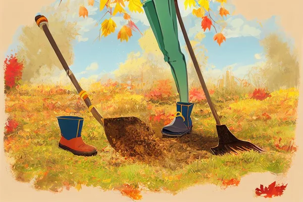 Worker digs soil with shovel in colorful autumn garden, agriculture ...