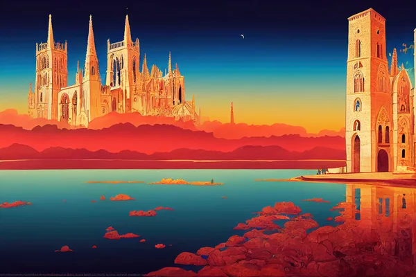 Cartoon drawing Landscape with Cathedral La Seu at sunset time in Palma ...