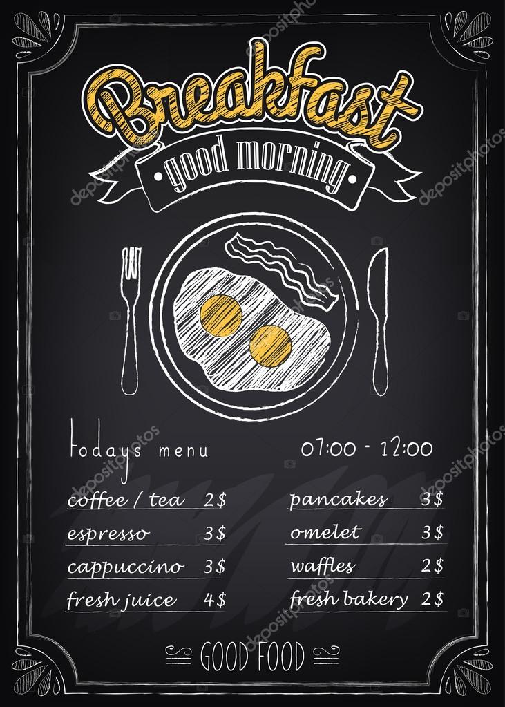 Cartel Vintage. Menú de desayuno. Huevos fritos, baliza. Dibujo a mano ...