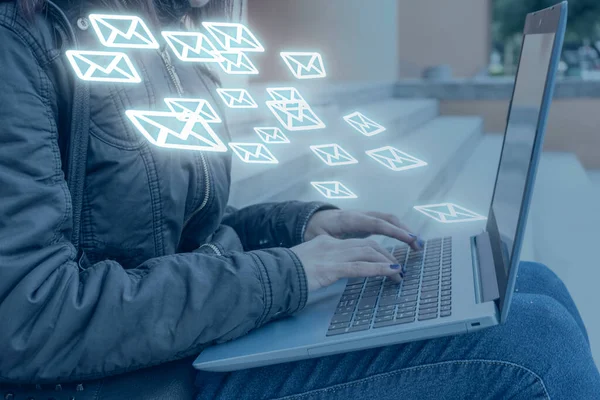 Email marketing and newsletter concept, Hand of woman sending or recive ...