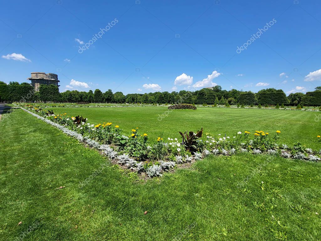 Austria, the public Augarten Park with one of the two flak towers from ...