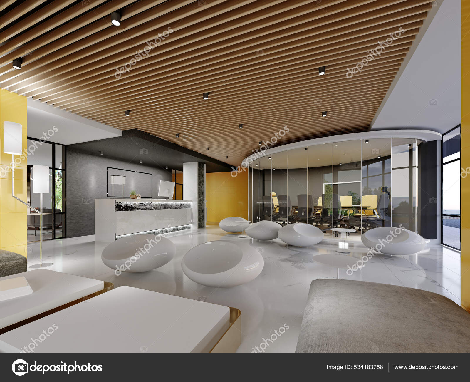 Interior Moderno Del Vestíbulo Edificio Oficinas Renderizado — Foto de ...