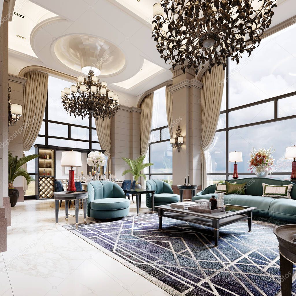 Lujosa sala de estar grande con techos altos y grandes ventanales en un ...