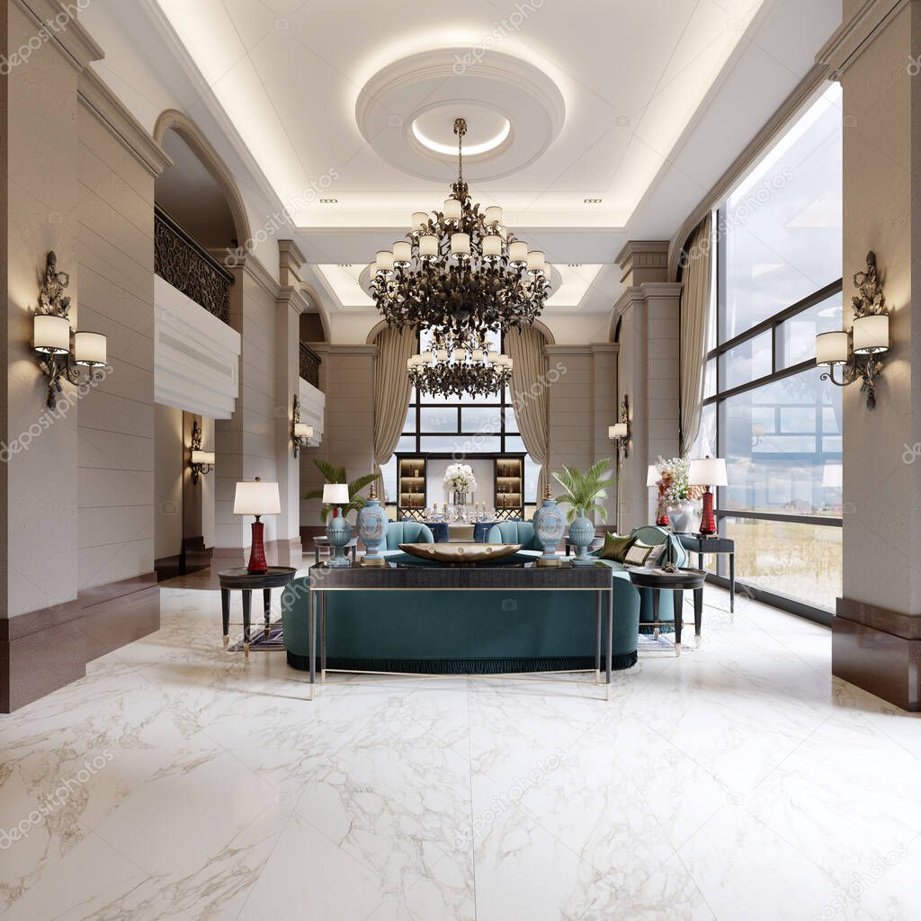 Lujosa sala de estar grande con techos altos y grandes ventanales en un ...